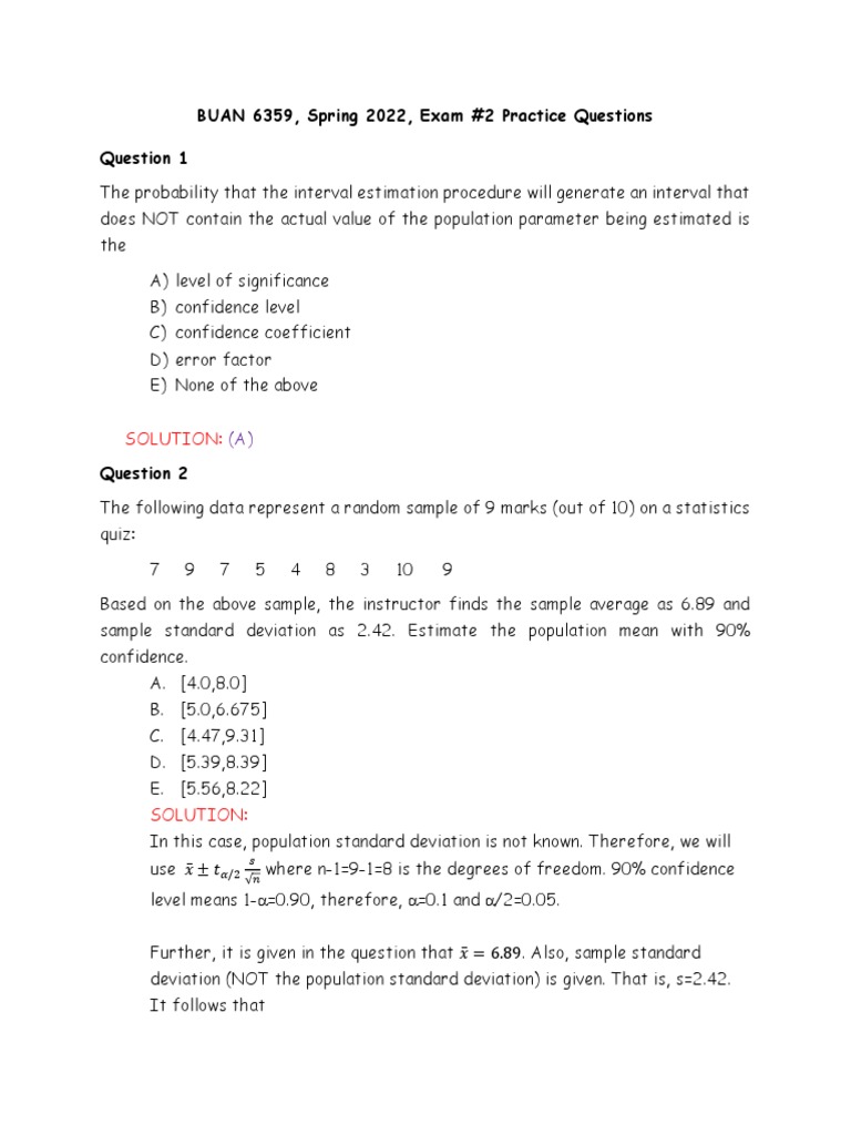 BUAN6359 - Spring2022 Exam2 Practice | PDF | Confidence Interval | Type I And Type Ii Errors