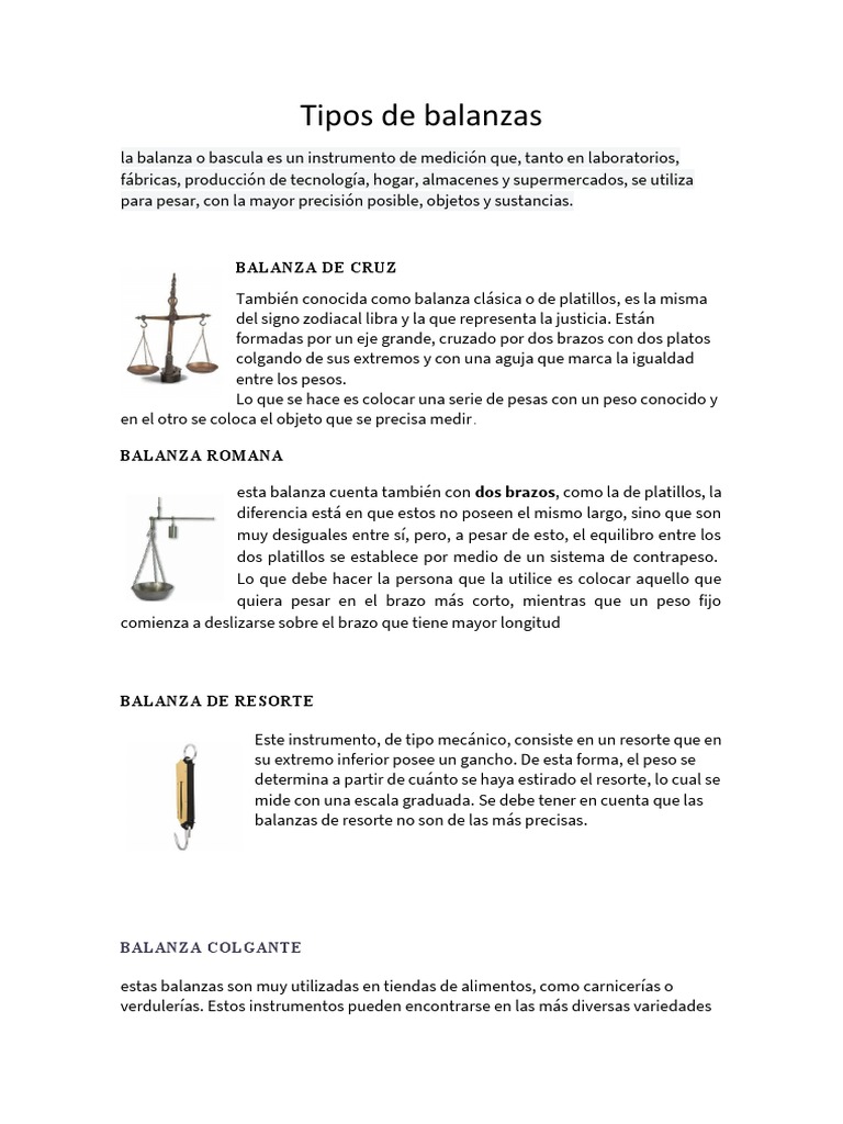 Tipos de balanzas y sus nombres | PDF | Balanza | Metrología