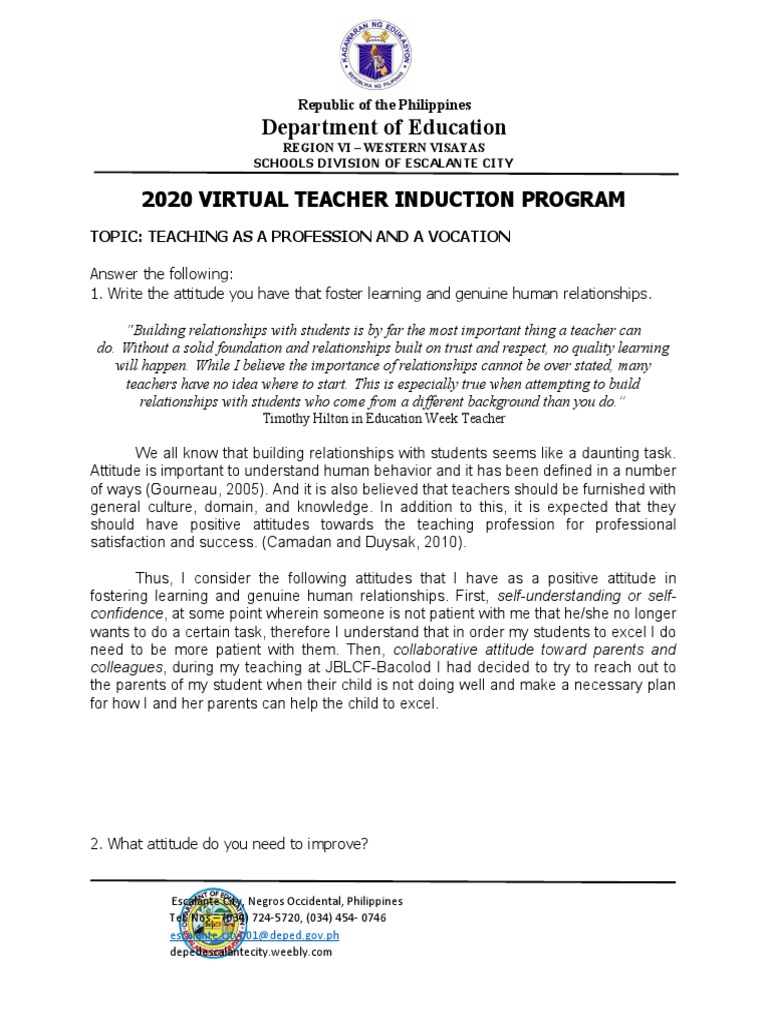 Day 2 Activities - Teacher Induction Program | PDF | Educational ...