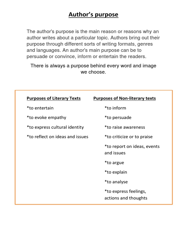 Author's Purpose: Purposes of Literary Texts Purposes of Non-Literary ...