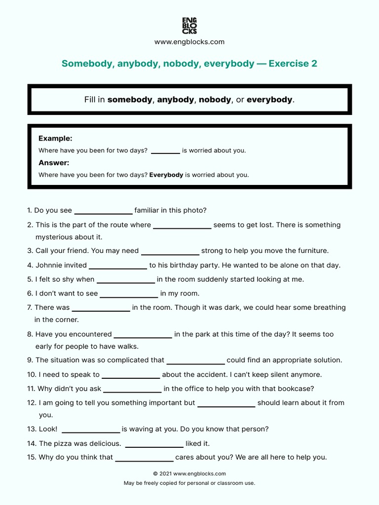 Somebody Anybody Nobody Everybody Exercise 2 | PDF