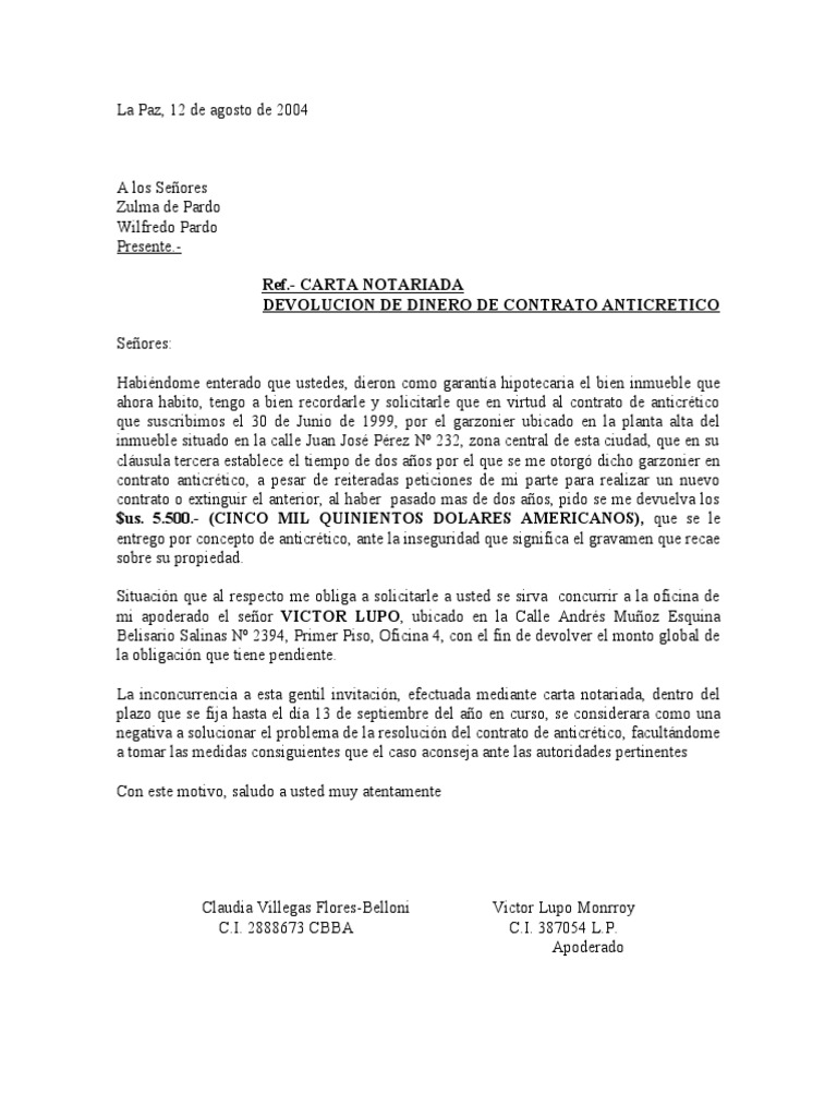 Ref.-Carta Notariada Devolucion de Dinero de Contrato Anticretico | PDF