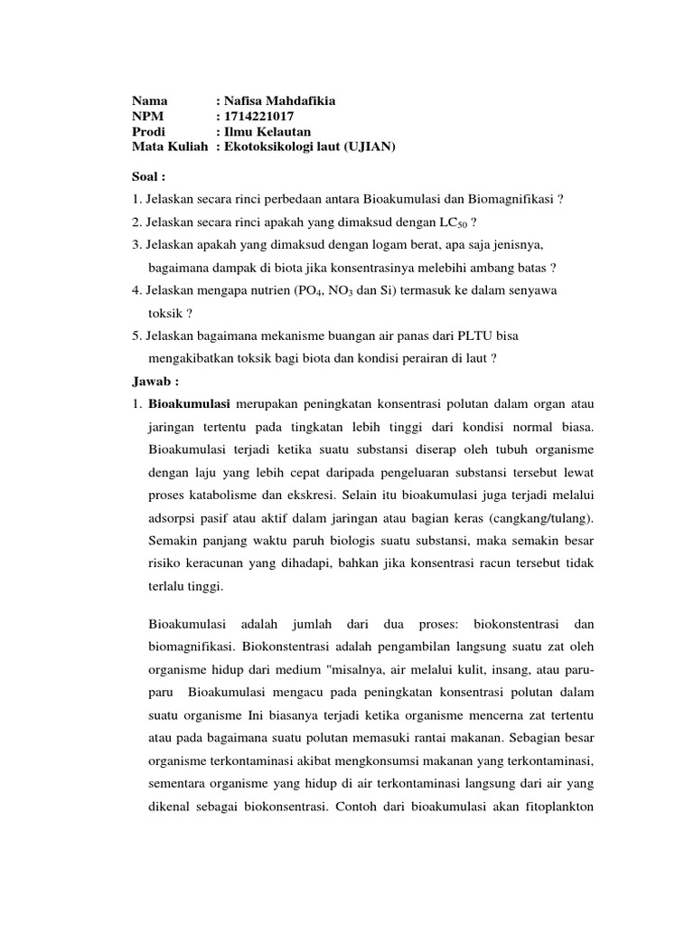 Nafisa Mahdafikia - 1714221017 - Ujian - Ekotoksikologi Laut | PDF