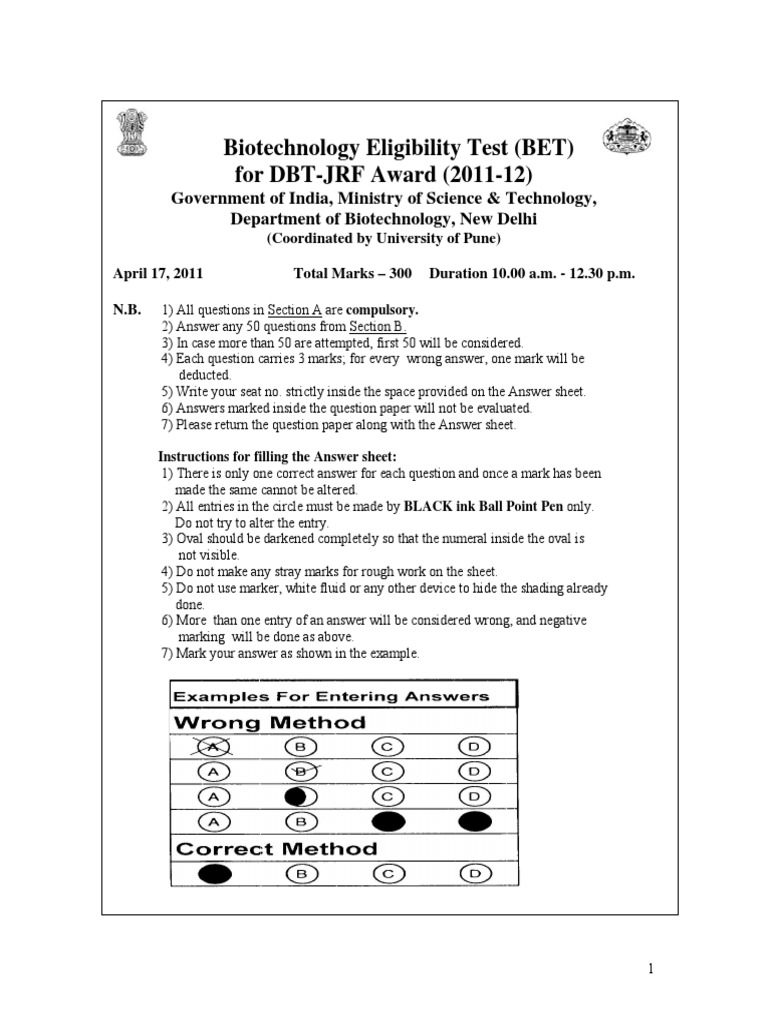 Biotechnology Eligibility Test (BET) For DBT-JRF Award (2011-12) | PDF ...