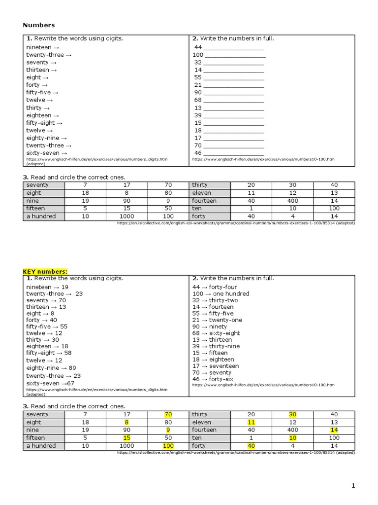 English Numbers Exercises PDF | PDF