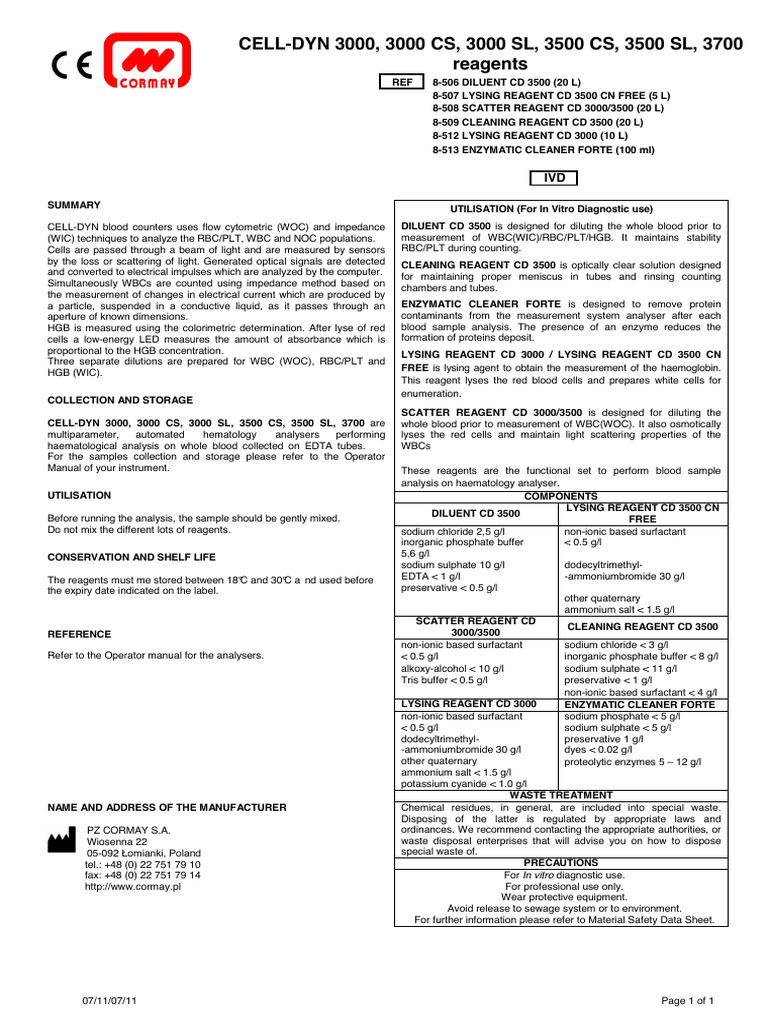 CELL-DYN 3000, 3000 CS, 3000 SL, 3500 CS, 3500 SL, 3700 Reagents | PDF ...