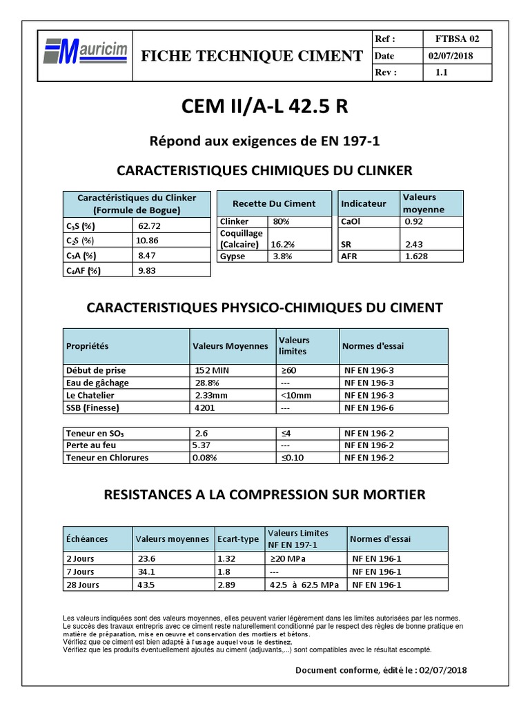 Mauricim Fiche Technique Ciments 42.5 R V1.1 | PDF | Ciment | Ingénierie civile