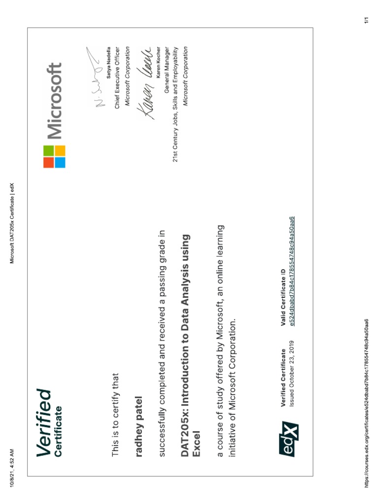 EdX Verified Certificate For Introduction To Data Analysis Using Excel | PDF