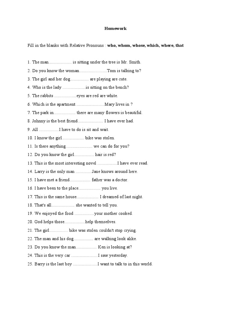 Relative Pronouns Homework | PDF