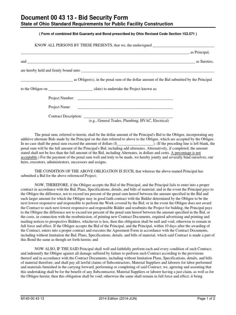 Bid Security Form for Ohio Projects | PDF | Surety | Legal Concepts