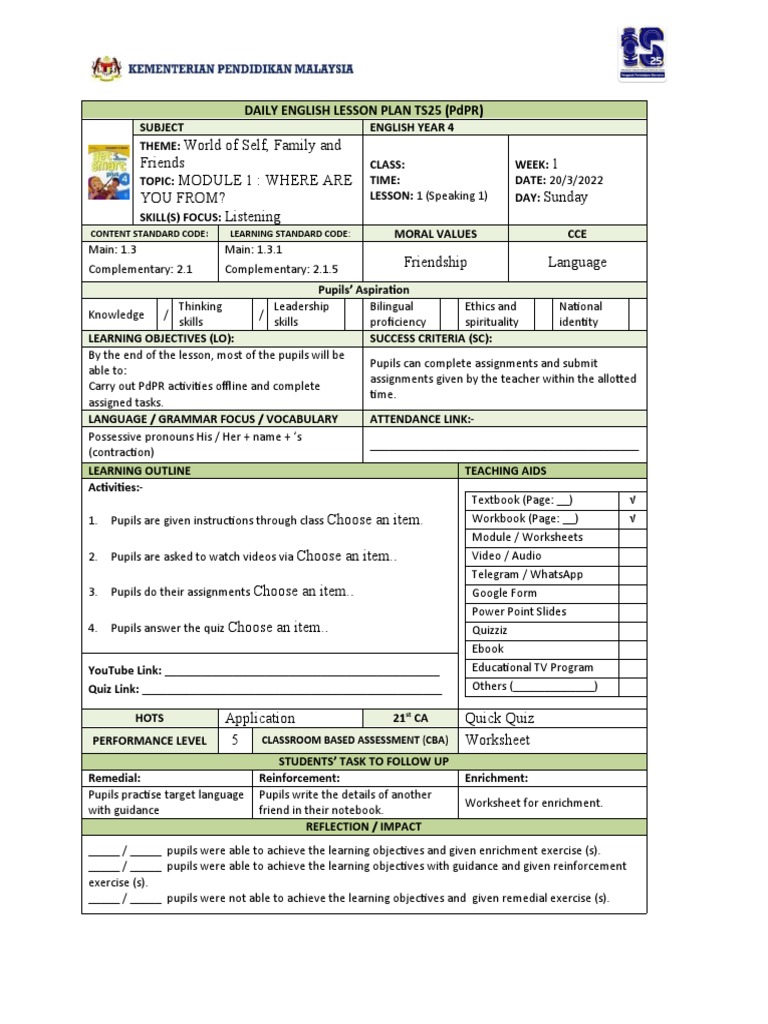 BI YEAR 4 TS25 RPH PDPR (Template) | PDF | Lesson Plan | Learning