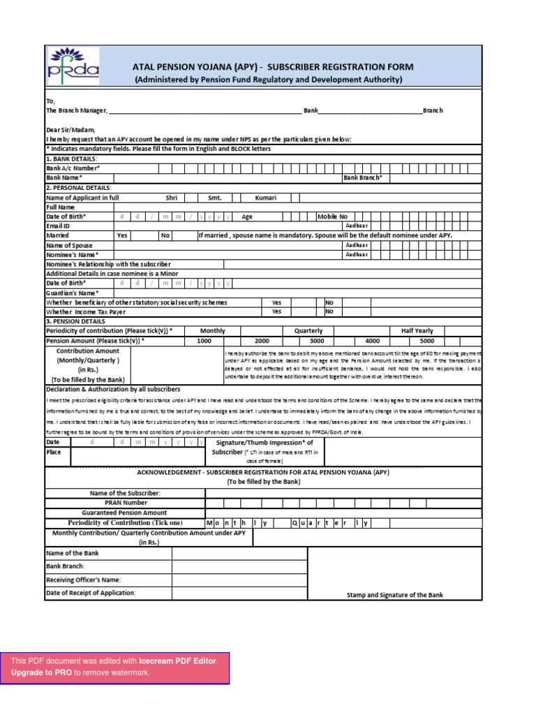 Atal Pension Yojana (Apy) - Subscriber Registration Form | PDF | Pension | Banks