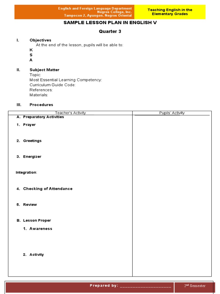 SAMPLE TEMPLATE OF DETAILED LESSON PLAN - English 5 6 | PDF