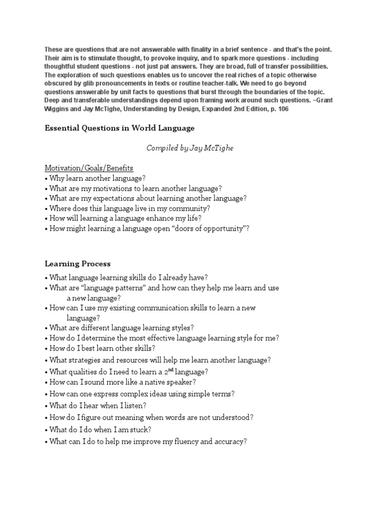 Essential Questions and Enduring Understandings in World Language | PDF ...