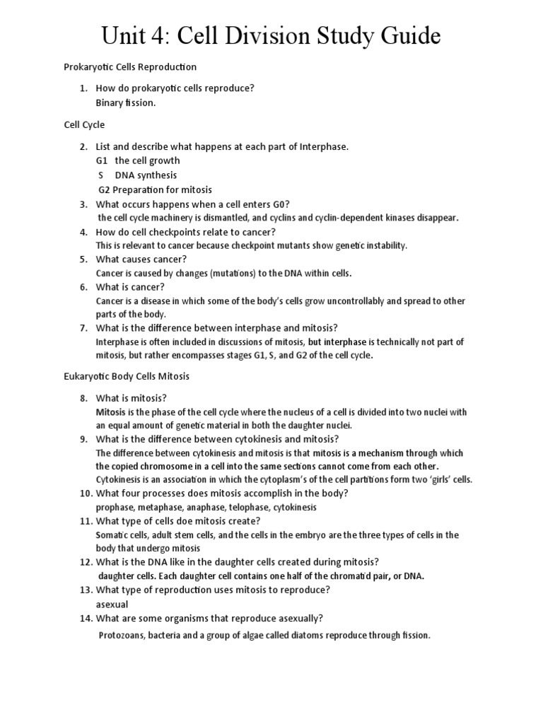 Unit 5 Cell Division Study Guide Answers | PDF | Mitosis | Meiosis