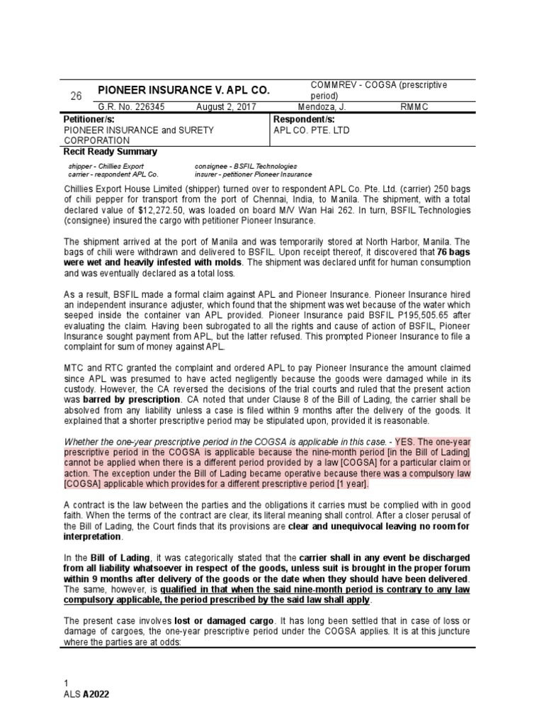 Pioneer Insurance v. APL | PDF | Ambiguity | Statute Of Limitations