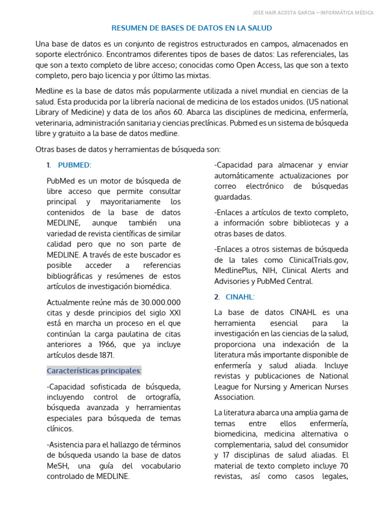 Resumen Bases de Datos de Salud | PDF | Pub Med | Bases de datos