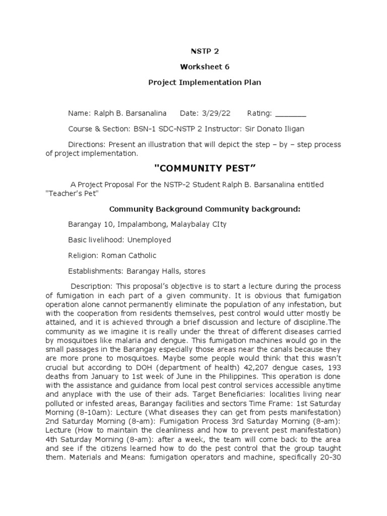 "Community Pest": NSTP 2 Worksheet 6 Project Implementation Plan | PDF ...