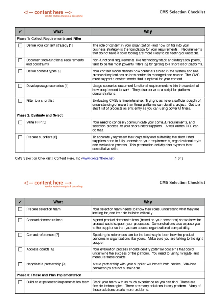 CMS Selection Requirements Checklist | PDF | Strategic Management ...