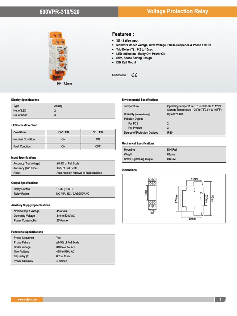 600VPR-310/520 Voltage Protection Relay: Features | PDF | Relay ...