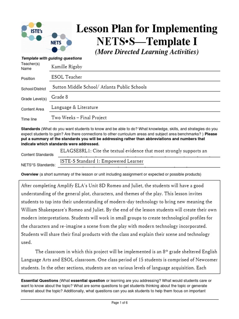 K Rigsby Iste Lesson Plan 2022 | PDF | English As A Second Or Foreign Language | Lesson Plan