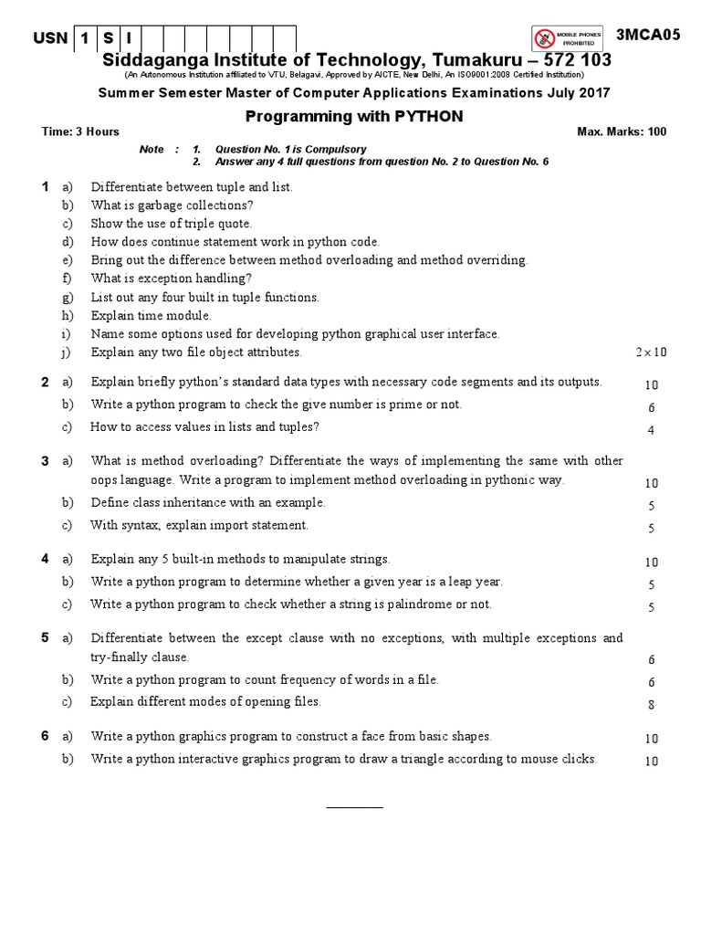 Siddaganga Institute of Technology, Tumakuru - 572 103: Usn 1 S I ...