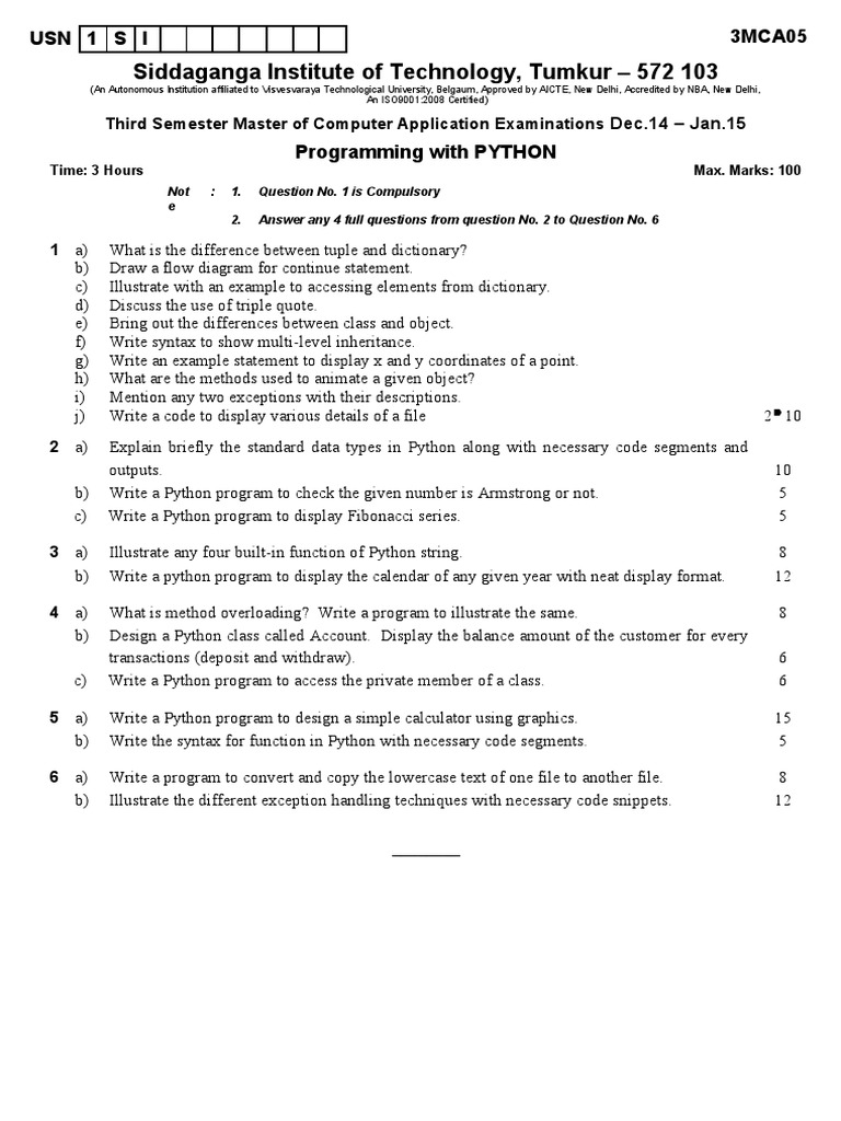 Siddaganga Institute of Technology, Tumkur - 572 103: Usn 1 S I 3MCA05 | PDF | Python ...