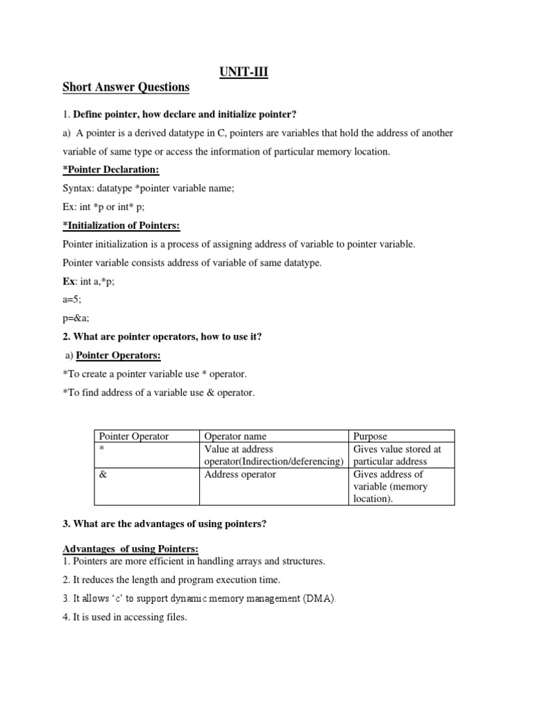 Unit-Iii Short Answer Questions: Pointer Declaration | PDF | Pointer ... Unit-Iii Short Answer Questions: Pointer Declaration | PDF | Pointer ...