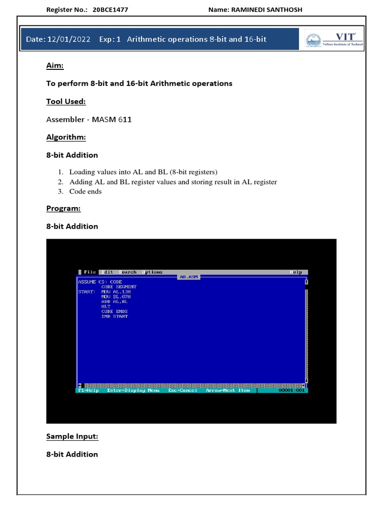 Aim: To Perform 8-Bit and 16-Bit Arithmetic Operations Tool Used | Download Free PDF | Assembly ...