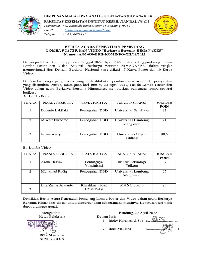 Berita Acara Lomba Poster Dan Video - Berkarya Bersama | PDF
