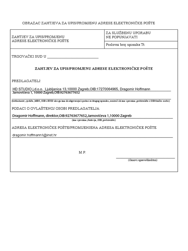 Obrazac Zahtjeva Za Upis Elektronicke Poste Sudski Registar | PDF