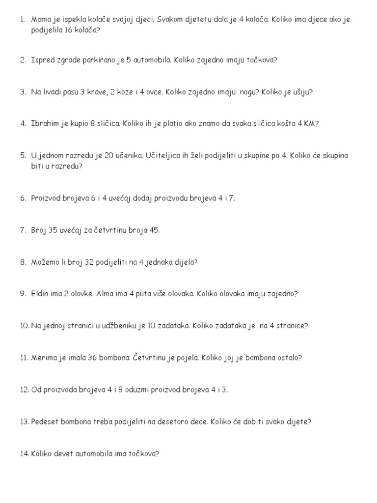 Mnozenje I Dijeljenje Do 100 - Tekstuaalni | PDF