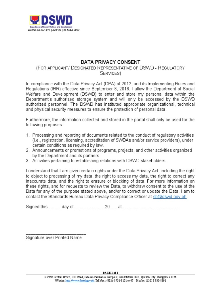 DSWD Data Privacy Consent Form | PDF | Finance & Money Management