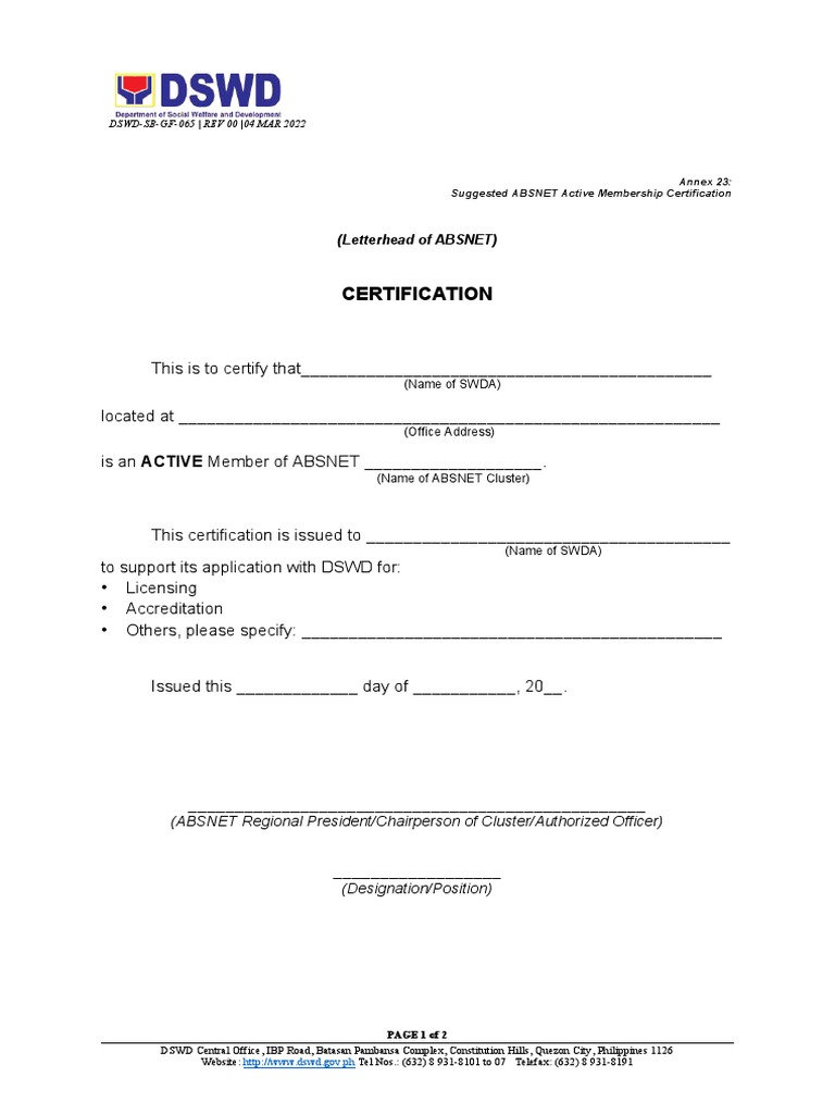 DSWD SB GF 065 ABSNET Active Membership Certification | PDF