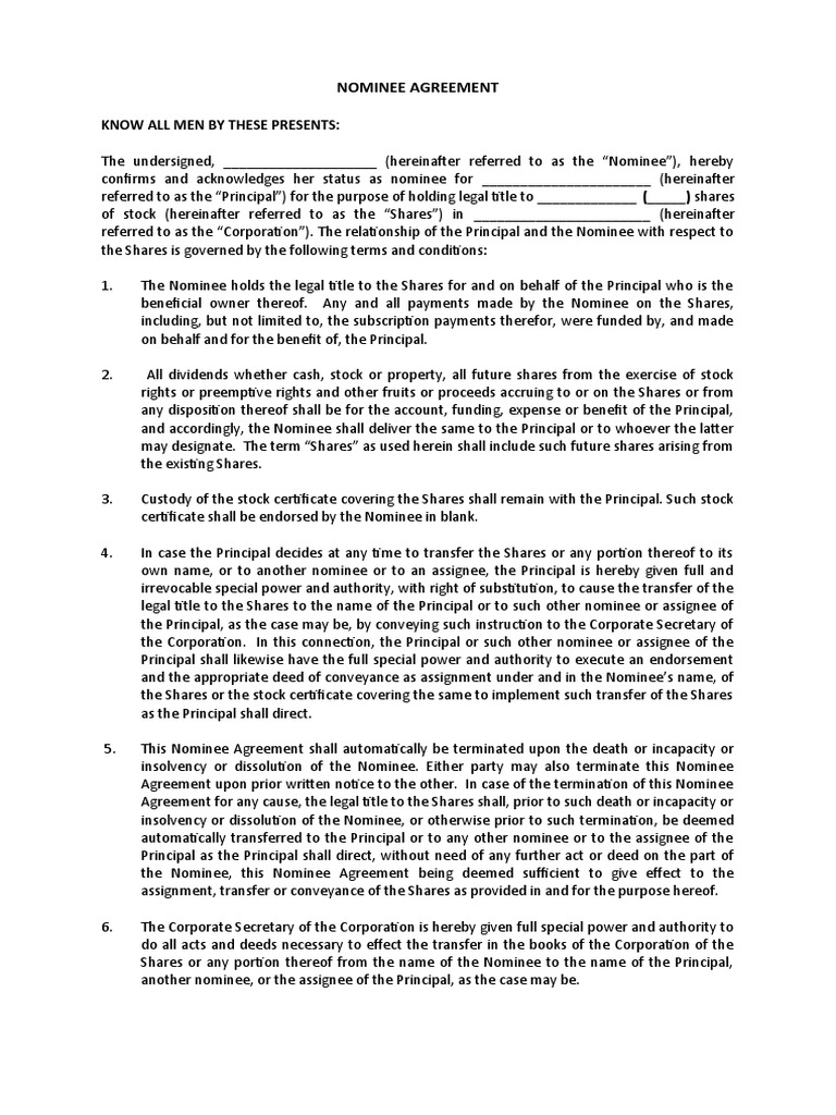 Template Nominee Agreement | PDF | Assignment (Law) | Private Law