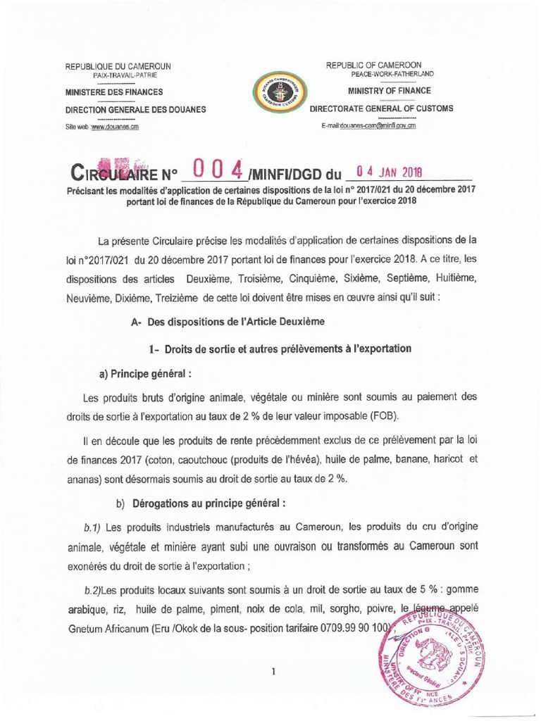 Circulaire N 004 Minfi DGD 04 Janvier 2018 | PDF