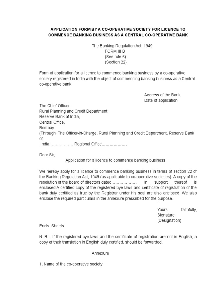 Application Form by A Co-Operative Society For Licence To Commence ...
