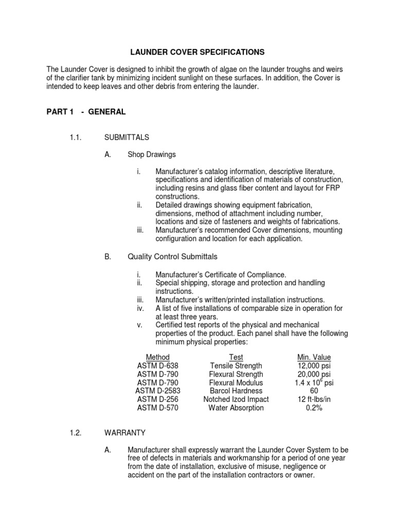 Launder Cover System Specifications: Design, Materials, Fabrication and ...