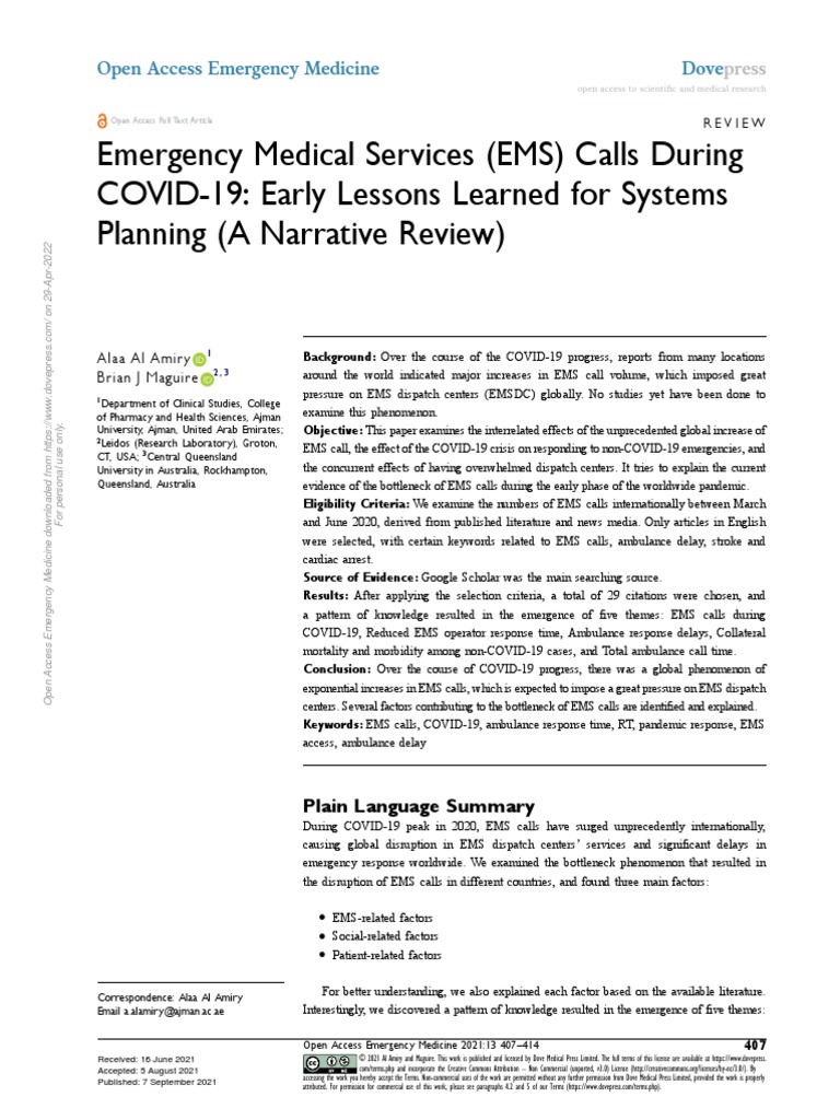 Emergency Medical Services (EMS) Calls During COVID-19: Early Lessons ...