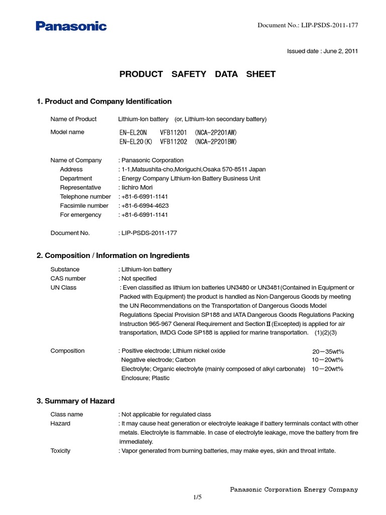 MSDS En-El20 Nca Fix | PDF | Lithium Ion Battery | Dangerous Goods