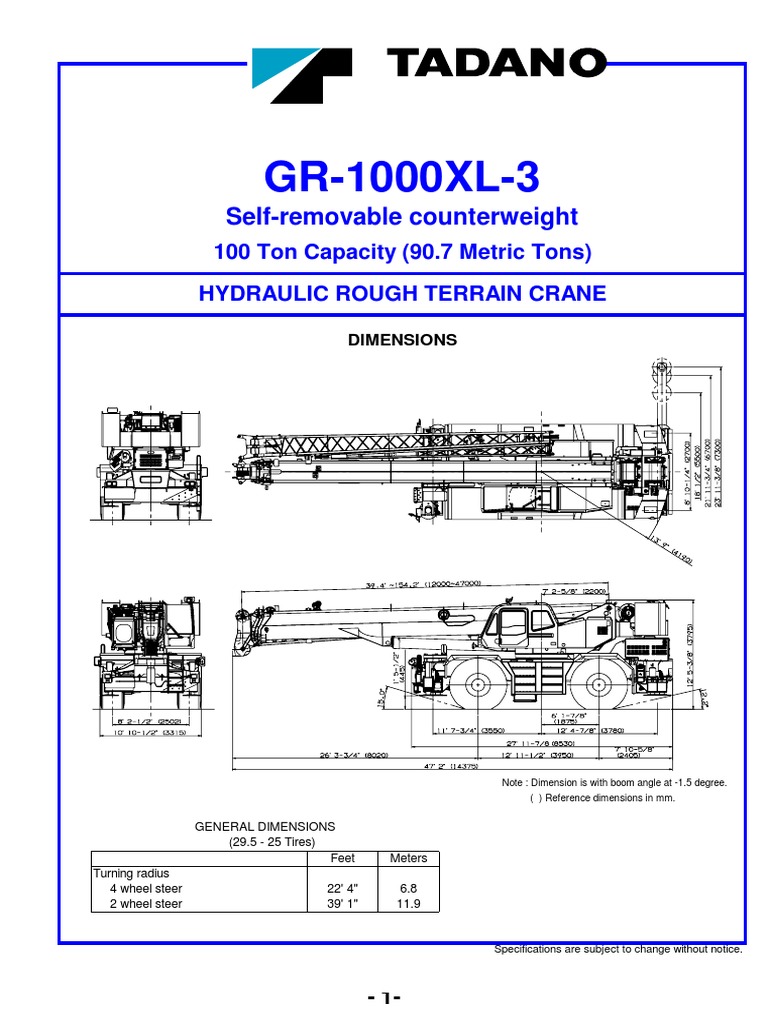 Tadano GR-1000XL-3 Crane Specs | PDF | Crane (Machine) | Axle