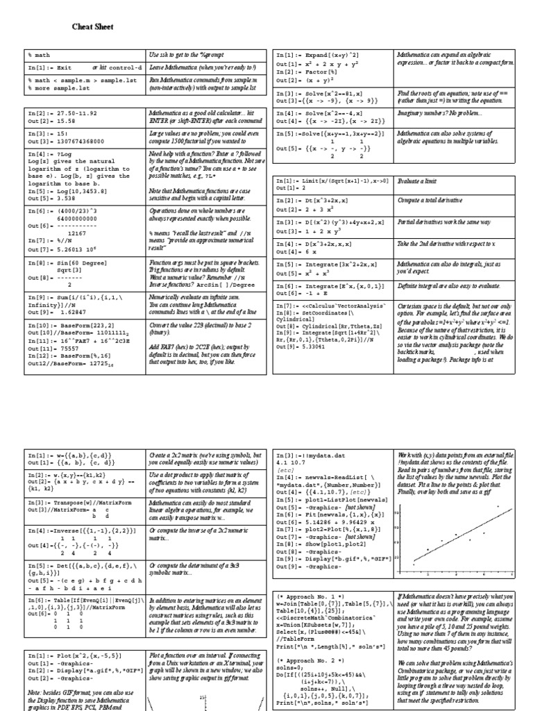 Mathematica Cheat Sheet: in (1) : Limit (X/ (SQRT (x+1) - 1), X - 0) Out (1) 2 | Download Free ...
