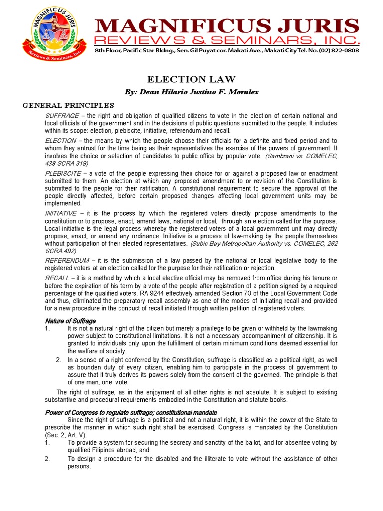 Election Law: By: Dean Hilario Justino F. Morales | PDF | Initiative ...