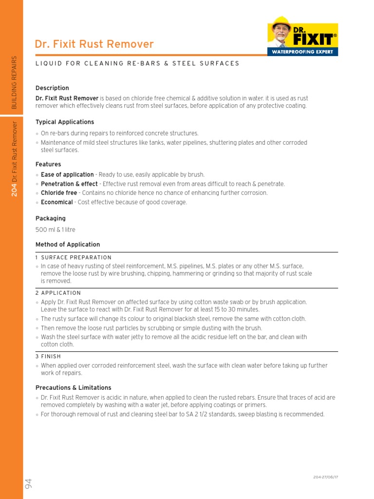 Dr. Fixit Rust Remover: Liquid For Cleaning Re-Bars & Steel Surfaces ...