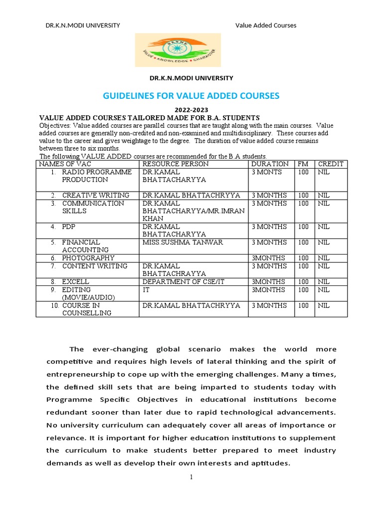 Guidelines for Value Added Courses Offered to B.A. Students at Dr. K.N ...