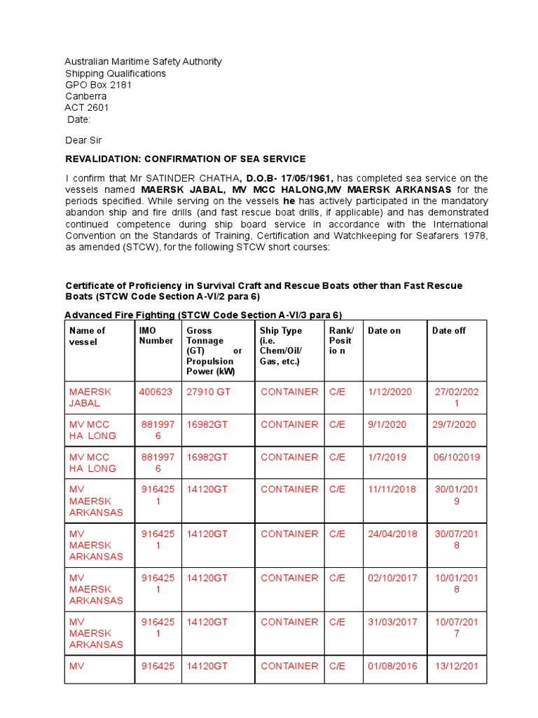 Revalidation: Confirmation of Sea Service | PDF | Water Transport ...