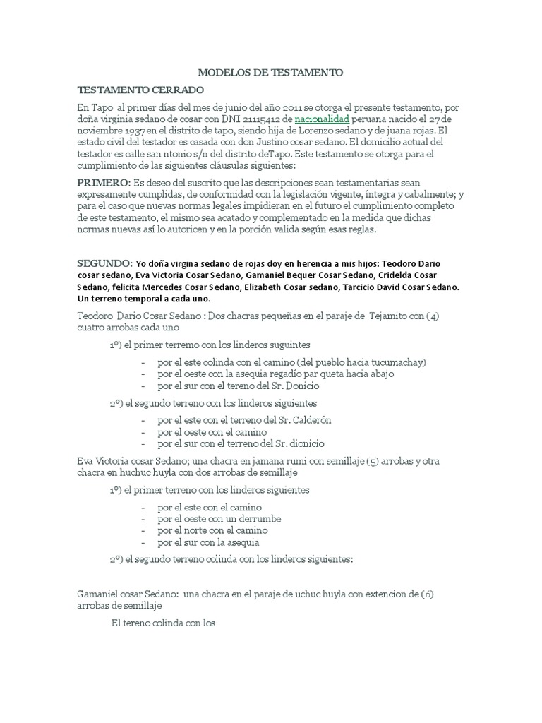 Modelos de Testamento | PDF | Voluntad y testamento | Derecho civil ...