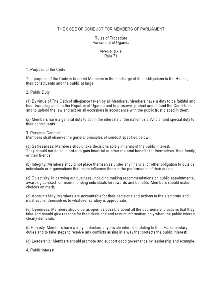 Uganda - MPs Code of Conduct - en | PDF | Committee | Oath Of Office