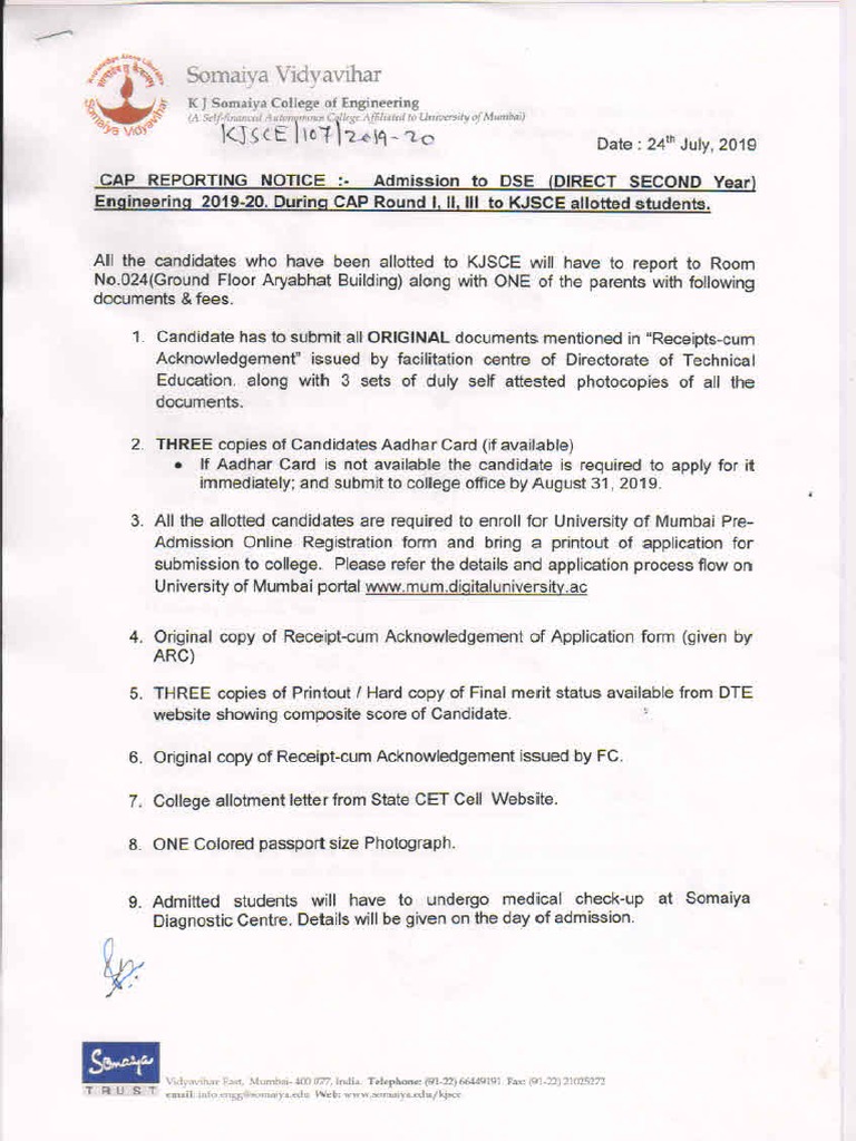 Kjsce Reg 25 Jul 2019 Cap Reporting For Dse Student | PDF