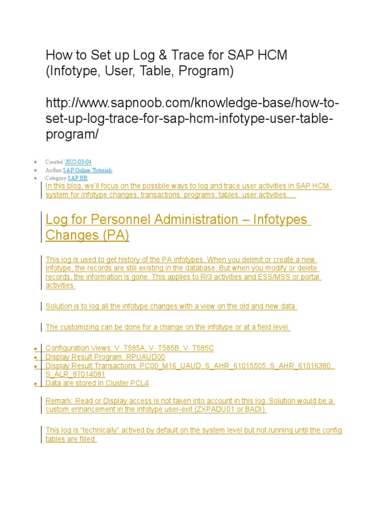 How To Set Up Log & Trace For SAP HCM | PDF | Database Transaction | Databases